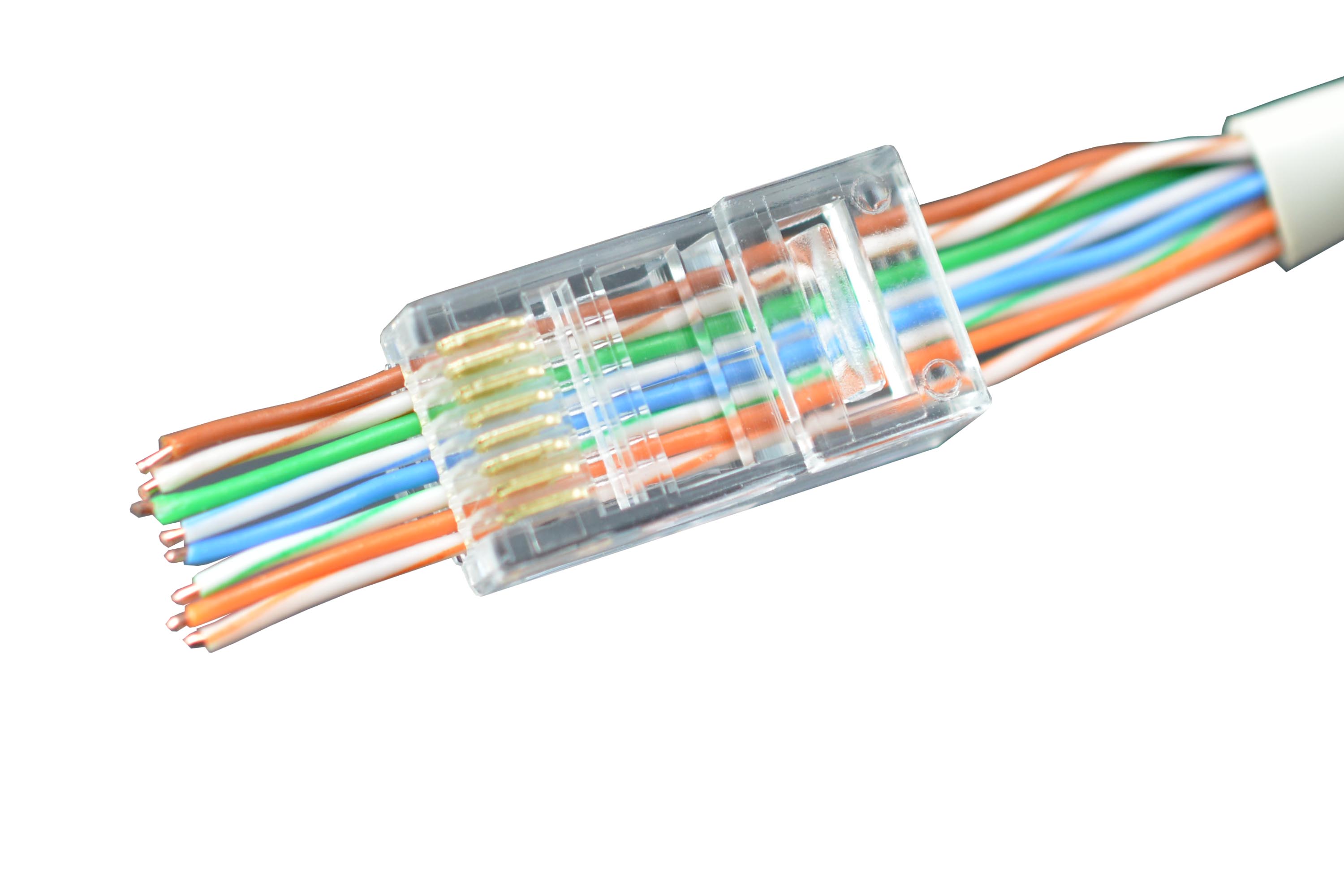 Connettori RJ45 per rete Ethernet a crimpare con cavo passante